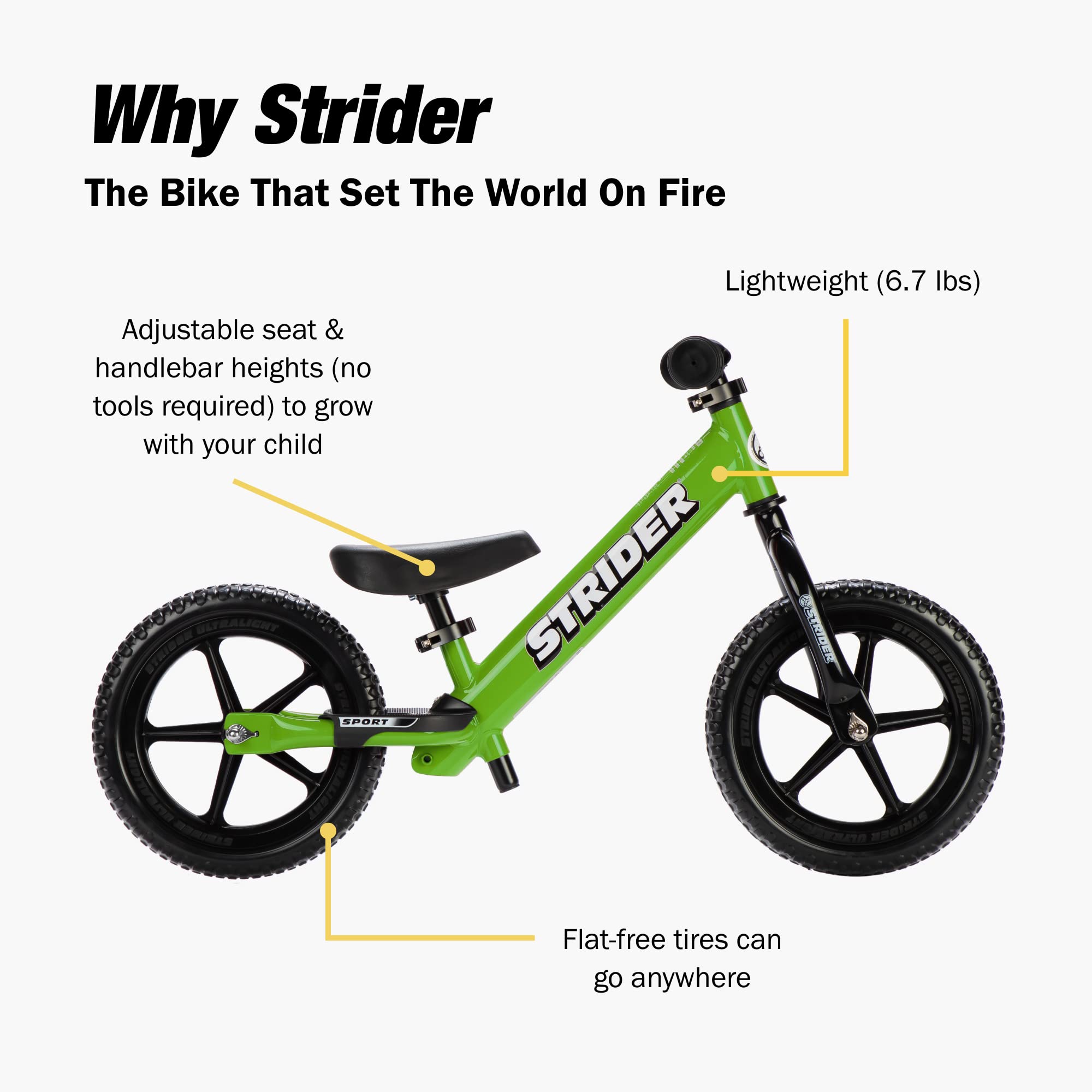 Strider 12” Sport Bike, Green - No Pedal Balance Bicycle for Kids 18 Months to 5 Years - Includes Safety Pad, Padded Seat, Mini Grips & Flat-Free Tires - Tool-Free Assembly & Adjustments