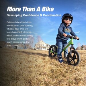 Strider 12” Sport Bike, Green - No Pedal Balance Bicycle for Kids 18 Months to 5 Years - Includes Safety Pad, Padded Seat, Mini Grips & Flat-Free Tires - Tool-Free Assembly & Adjustments