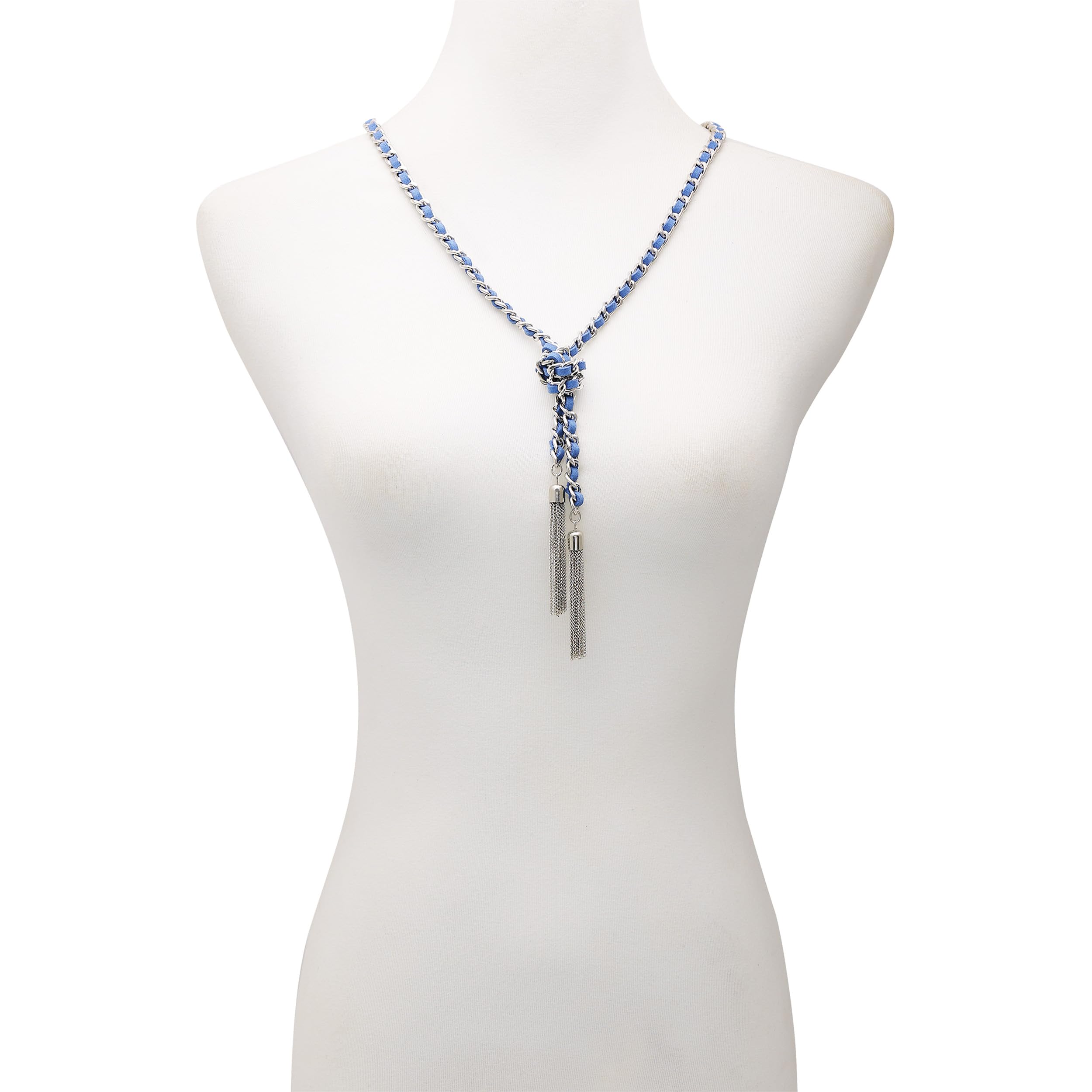 GUESS "Basic" Silver and Denim Woven Tassel Y-Shaped Necklace, 30" + 2" Extender