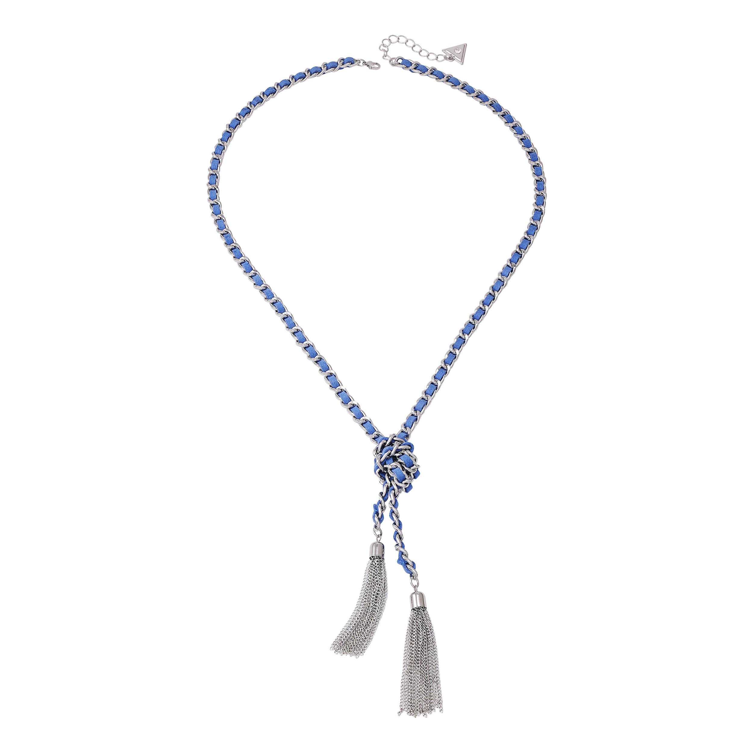 GUESS "Basic" Silver and Denim Woven Tassel Y-Shaped Necklace, 30" + 2" Extender