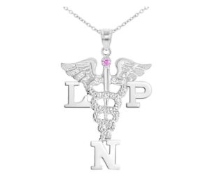 licensed practical nurse lpn silver necklace with pink sapphire