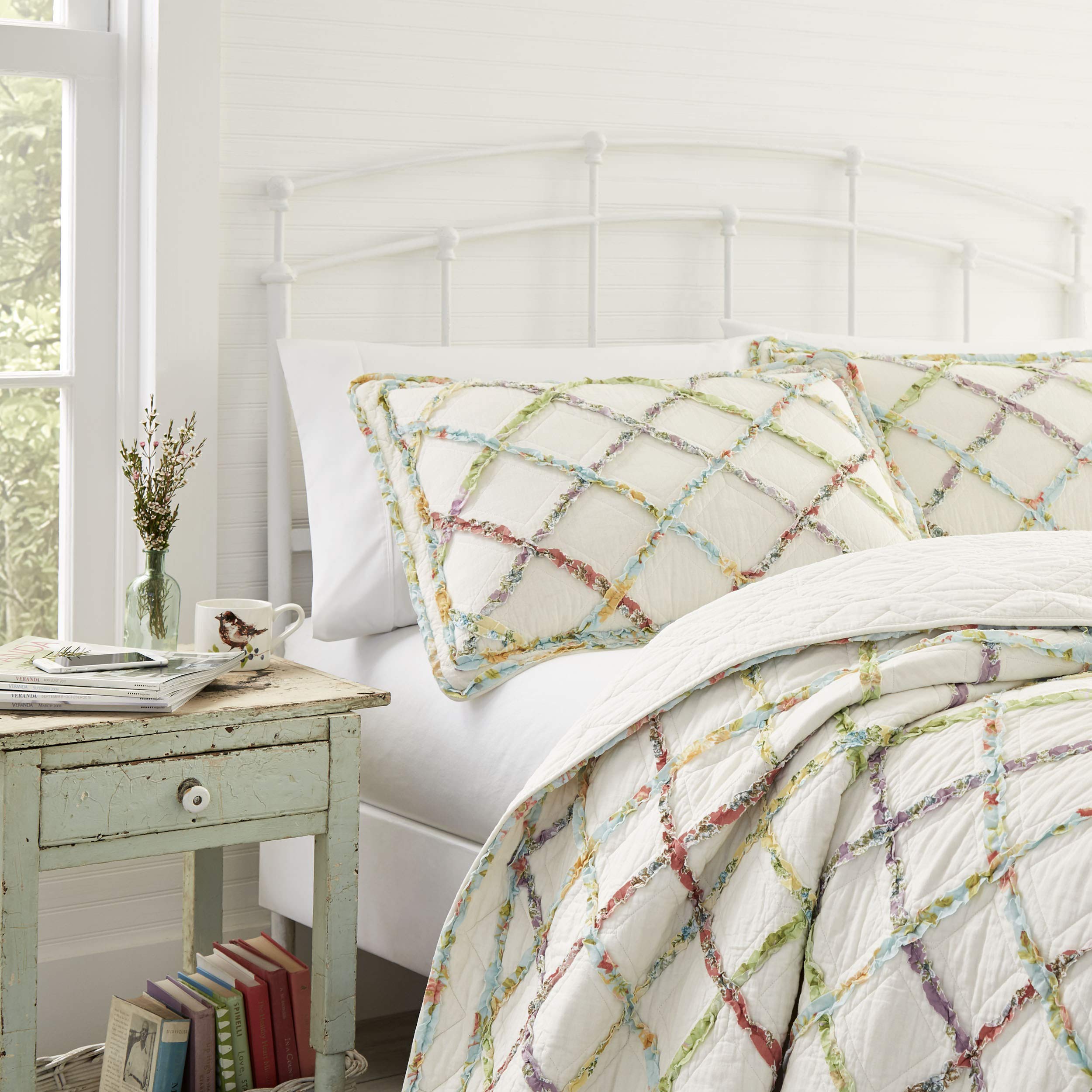 Laura Ashley - King Quilt, Reversible Cotton Bedding, Lightweight Home Decor for All Seasons (Ruffle Garden Cream, King)