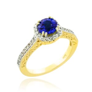 10k yellow gold diamond halo september birthstone band blue sapphire engagement ring (size 6.5)