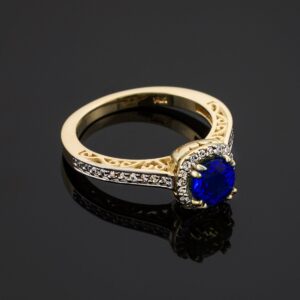 10k Yellow Gold Diamond Halo September Birthstone Band Blue Sapphire Engagement Ring (Size 6.5)