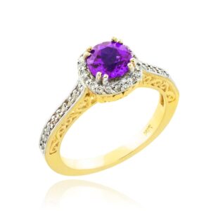 10k yellow gold diamond halo february birthstone band amethyst engagement ring (size 9.75)