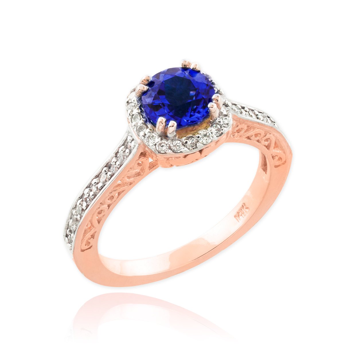 14k Rose Gold Diamond Halo September Birthstone Band Blue Sapphire Engagement Ring (1.24 cttw, SI1-SI2 Clarity, G-H Color)