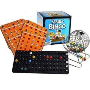 regal bingo family bingo game set for adults and kids - includes 8 inch bingo wheel cage, 75 balls, master board, 4 shutter slide bingo cards - fun family bingo night