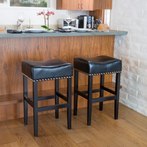 Christopher Knight Home Lisette Backless Leather Barstools, 2-Pcs Set, Black