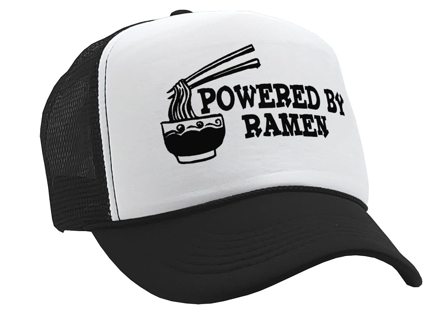 Powered by Ramen - Funny College Noodles - Vintage Retro Style Trucker Cap Hat (Black)