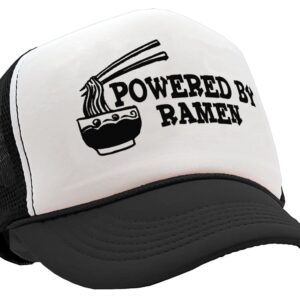 Powered by Ramen - Funny College Noodles - Vintage Retro Style Trucker Cap Hat (Black)