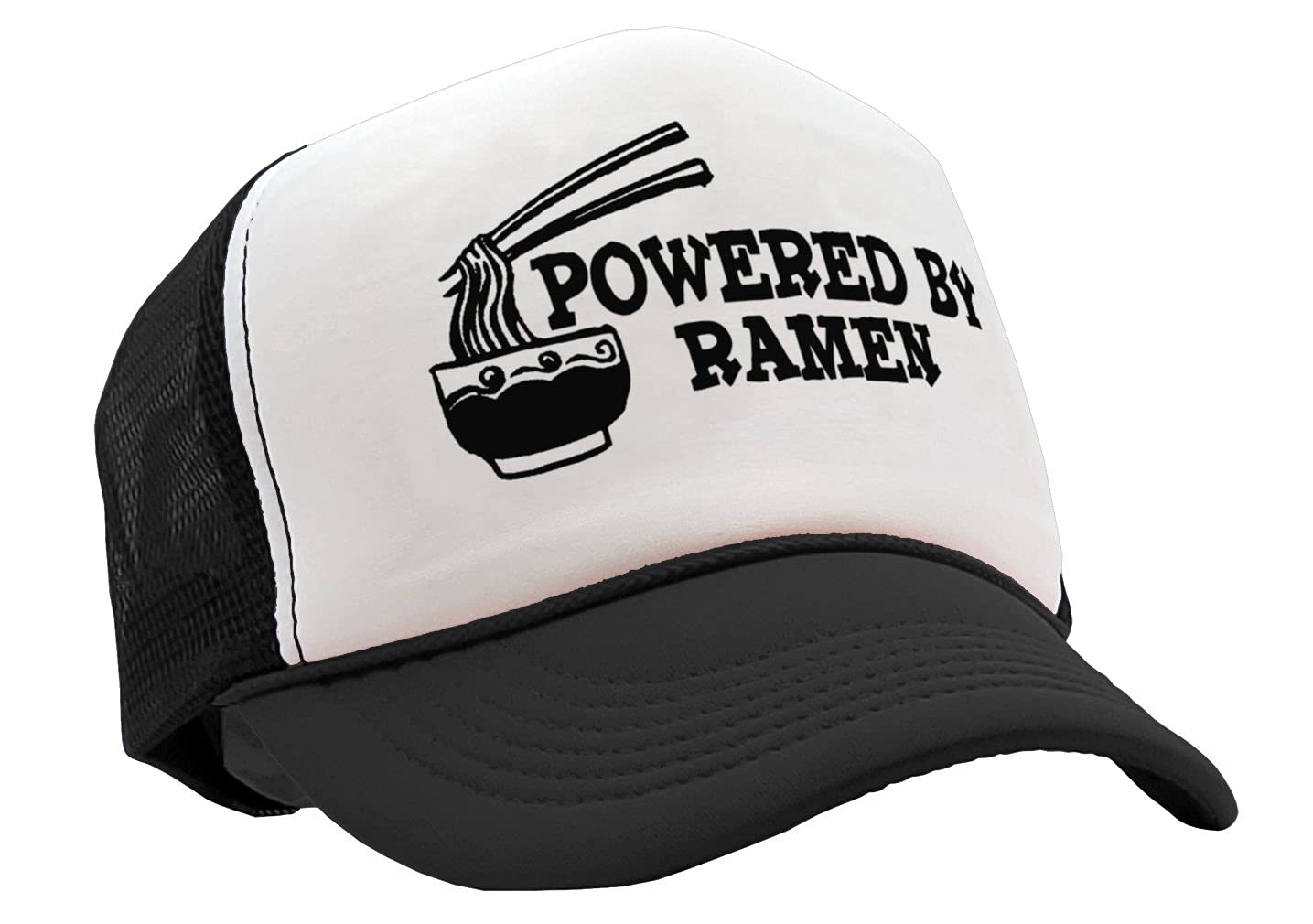 Powered by Ramen - Funny College Noodles - Vintage Retro Style Trucker Cap Hat (Black)