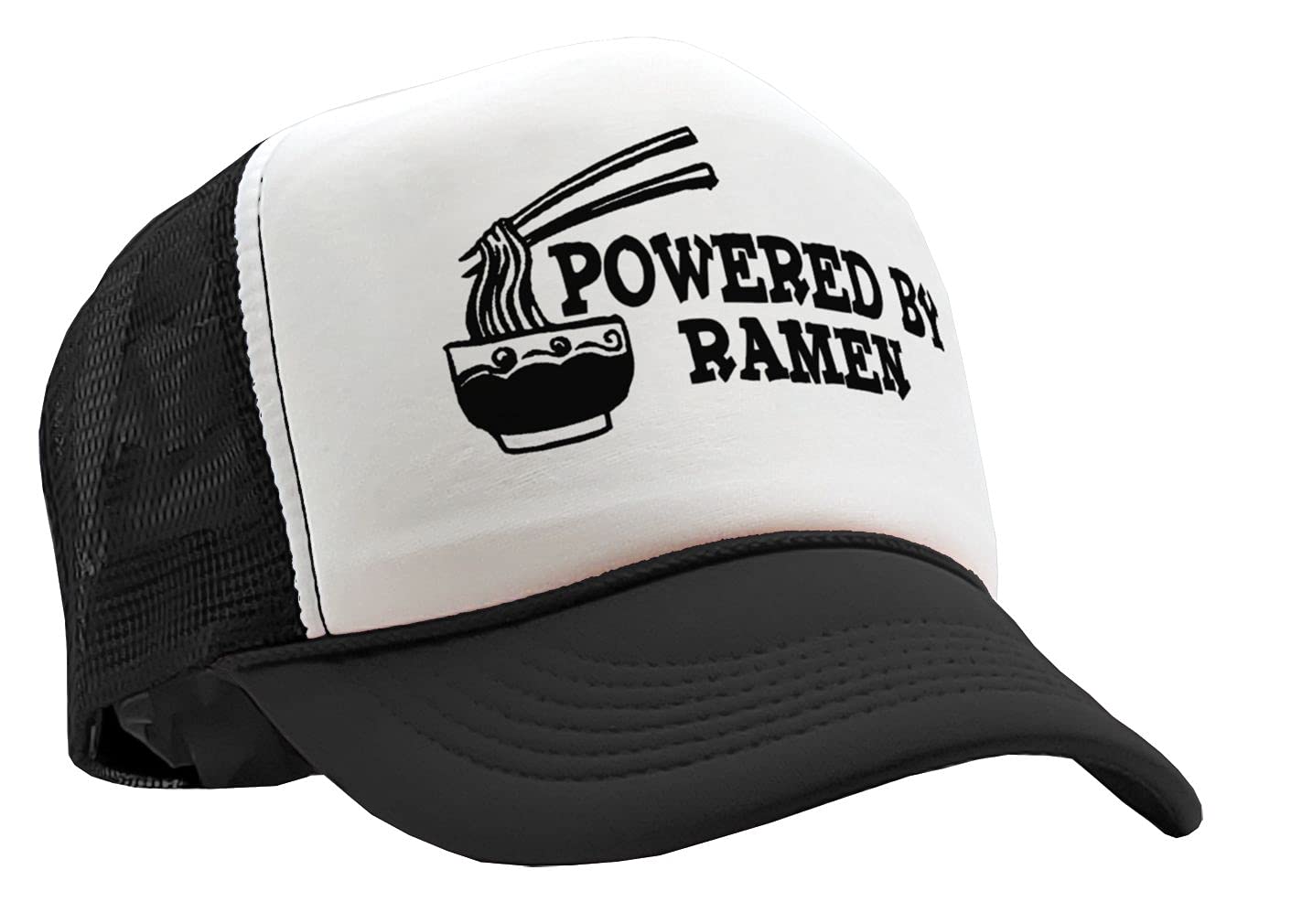 Powered by Ramen - Funny College Noodles - Vintage Retro Style Trucker Cap Hat (Black)