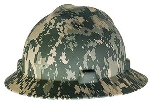 msa 10104254 freedom series v-gard full-brim hard hat with fas-trac iii ratchet suspension, polyethylene shell, self adjusting crown straps - standard size in american camouflage