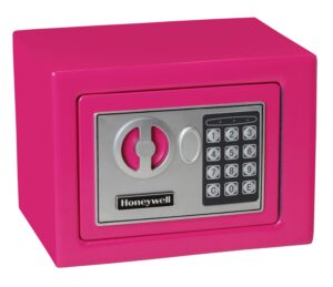 honeywell safes & door locks - bolt down small safe box with digital lock for home - steel security electronic lock box - cabinet & door design safe with 2 keys - 0.17-cubic feet - pink - 5005p