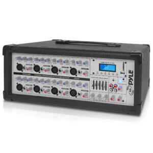 pyle 8-ch. bluetooth stage powered mixer - 800w pro audio sound mixer, mp3/usb/sd readers, aux(3.5mm) input, rca & 1/4'' effects loop connectors, digital lcd display, built-in cooling fan - pmx840bt