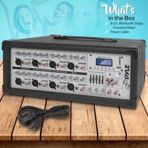 Pyle 8-Ch. Bluetooth Stage Powered Mixer - 800W Pro Audio Sound Mixer, MP3/USB/SD Readers, Aux(3.5mm) Input, RCA & 1/4'' Effects Loop Connectors, Digital LCD Display, Built-in Cooling Fan - PMX840BT