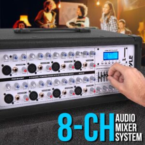 Pyle 8-Ch. Bluetooth Stage Powered Mixer - 800W Pro Audio Sound Mixer, MP3/USB/SD Readers, Aux(3.5mm) Input, RCA & 1/4'' Effects Loop Connectors, Digital LCD Display, Built-in Cooling Fan - PMX840BT