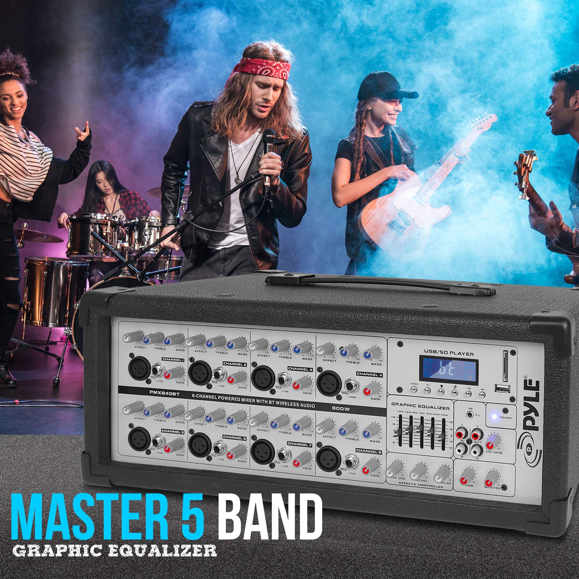 Pyle 8-Ch. Bluetooth Stage Powered Mixer - 800W Pro Audio Sound Mixer, MP3/USB/SD Readers, Aux(3.5mm) Input, RCA & 1/4'' Effects Loop Connectors, Digital LCD Display, Built-in Cooling Fan - PMX840BT