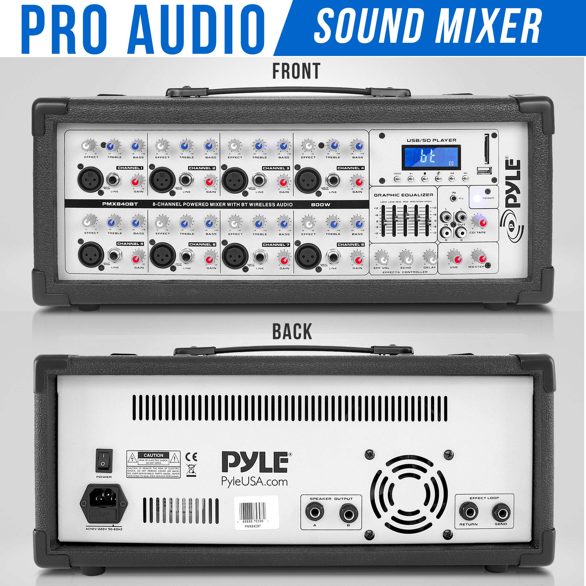 Pyle 8-Ch. Bluetooth Stage Powered Mixer - 800W Pro Audio Sound Mixer, MP3/USB/SD Readers, Aux(3.5mm) Input, RCA & 1/4'' Effects Loop Connectors, Digital LCD Display, Built-in Cooling Fan - PMX840BT