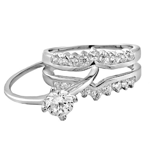 Trustmark Sterling Silver 1.04ct Ice on Fire CZ Wedding Ring Set with Ring Guard, Christina 3101B sz 9.0