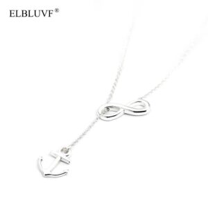 ELBLUVF Newest Stainless steel Anchor Infinity Y Shaped Lariat Style Necklace 18inch For Women (White gold color)