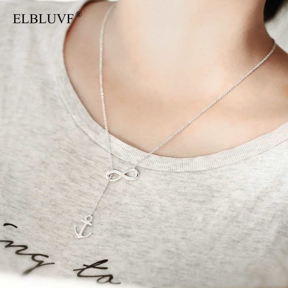 ELBLUVF Newest Stainless steel Anchor Infinity Y Shaped Lariat Style Necklace 18inch For Women (White gold color)