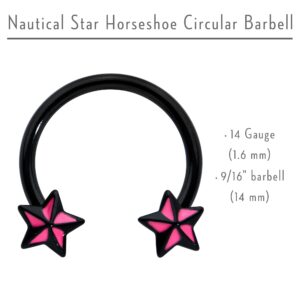 Body Candy 14 Gauge Black Pink Nautical Star Horseshoe Circular Barbell 9/16"