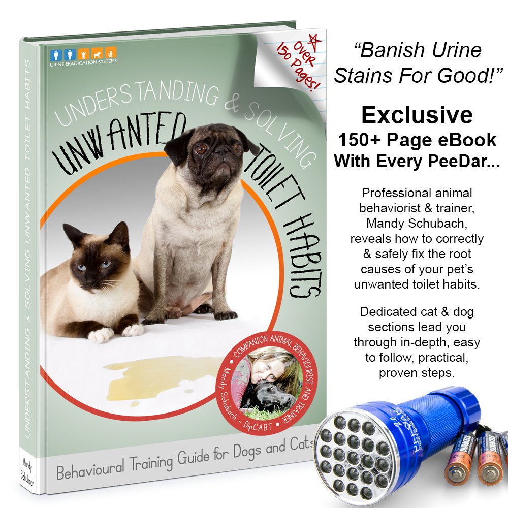 PeeDar 2.0 UV Pet Urine Detector Black Light Flashlight + Cat & Dog Behaviorist Book + 3 AAAs. Ultra Bright Optimal 380-385NM LEDs Find Invisible Stains Instantly! Rid Cat, Dog Pee Issues Forever.