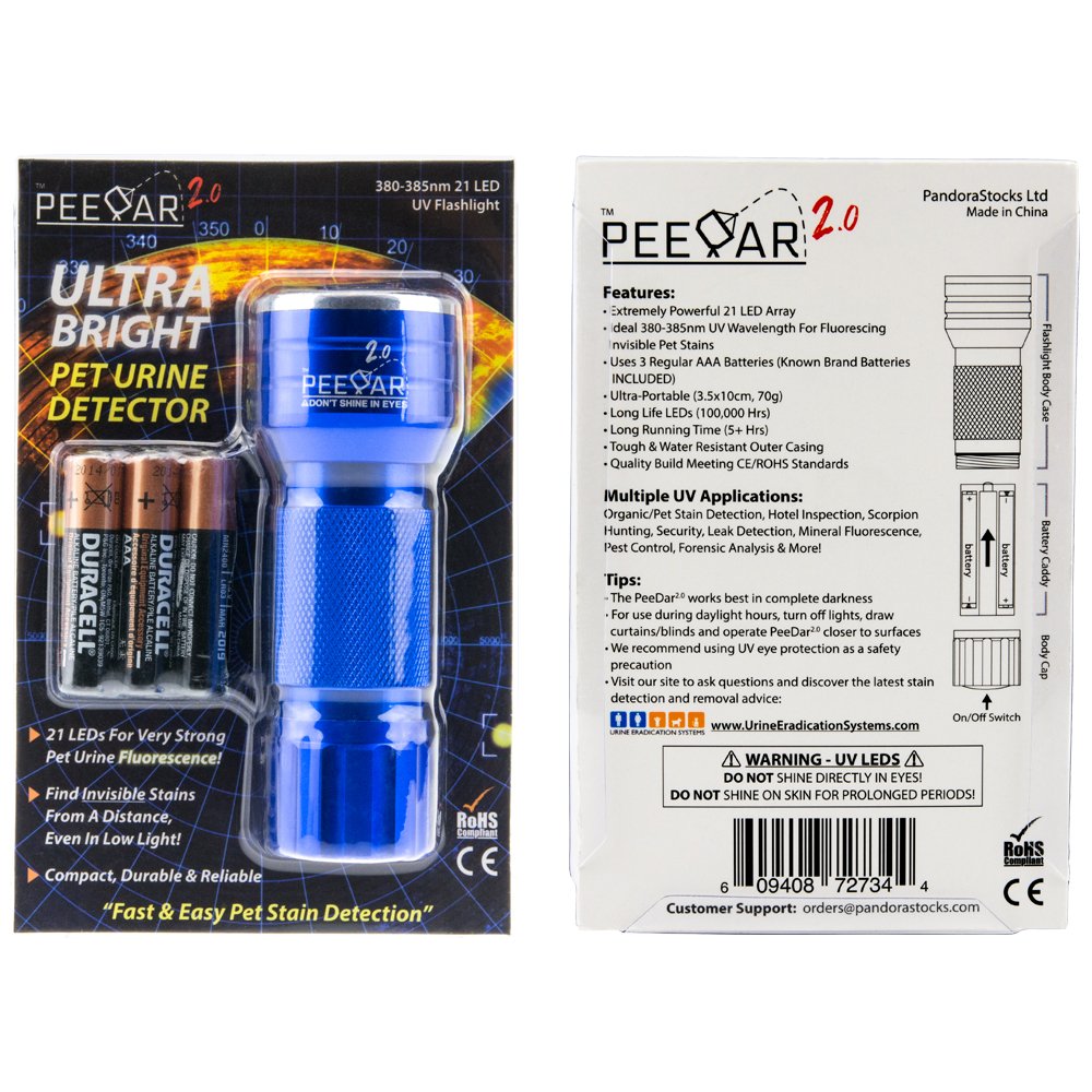 PeeDar 2.0 UV Pet Urine Detector Black Light Flashlight + Cat & Dog Behaviorist Book + 3 AAAs. Ultra Bright Optimal 380-385NM LEDs Find Invisible Stains Instantly! Rid Cat, Dog Pee Issues Forever.