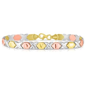 floreo 10k fine tri colore yellow white and rose (pink) gold stampato xoxo x & o "i love you" heart chain bracelet, 7 inch