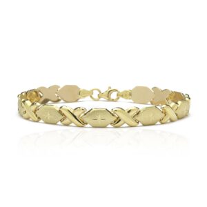 floreo 10k yellow gold stampato xoxo x & o hugs kisses chain bracelet for women and girls, 7 inch