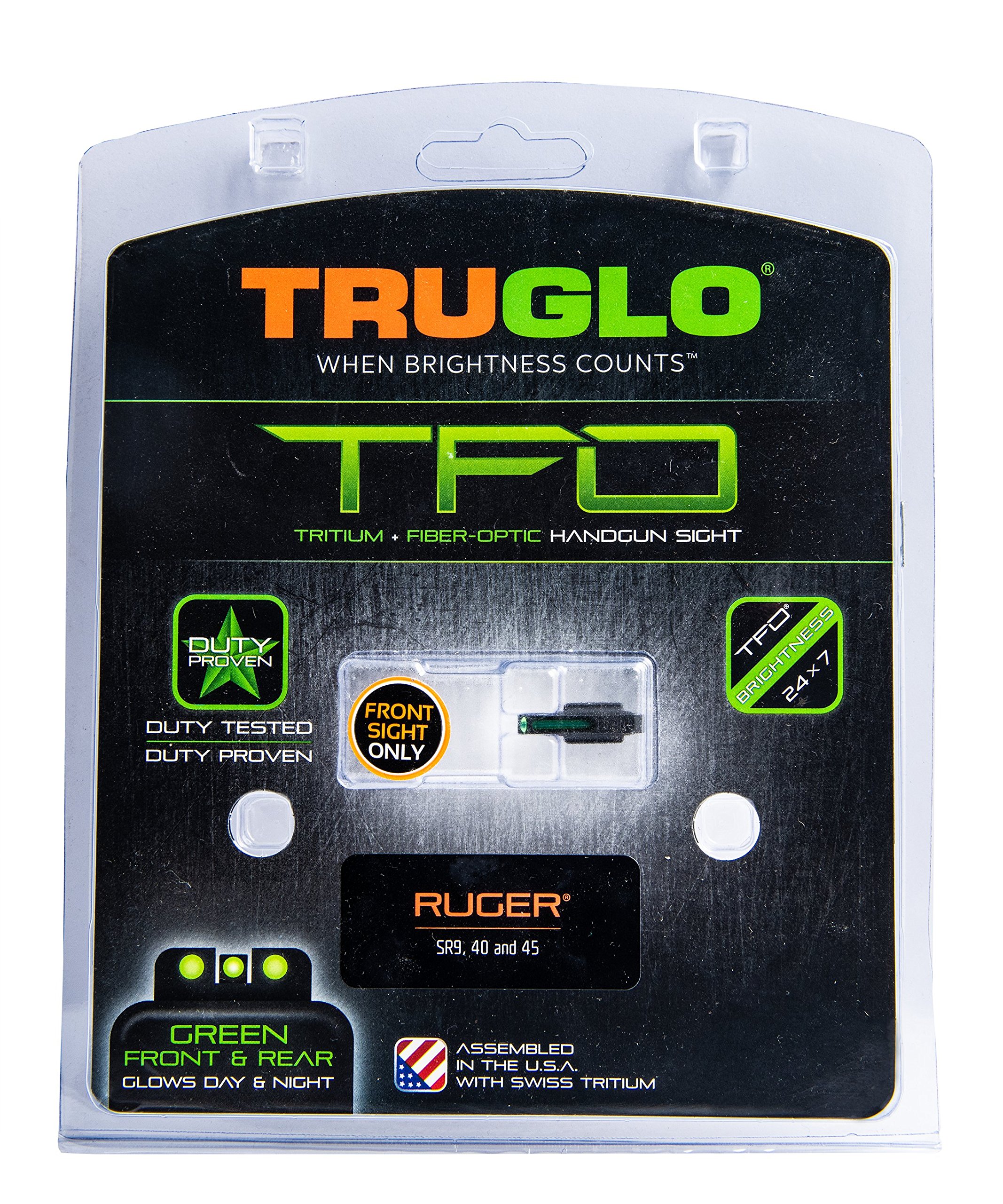 TRUGLO TFO Tritium & Fiber-Optic Handgun Sight | Durable Snag-Resistant Green Front Night Sight, Compatible with Ruger SR9/SR9C, SR40/SR40C, SR45