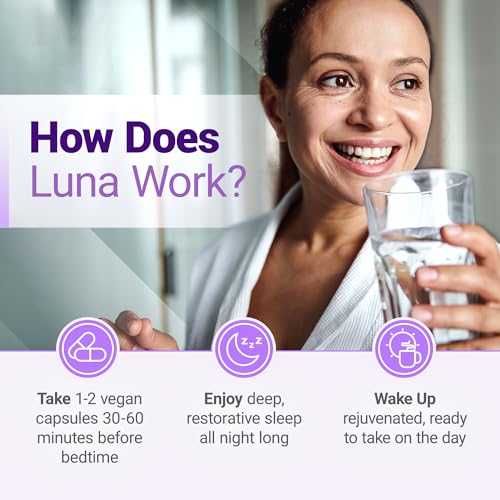 Luna Sleep Aid | Non-Habit Forming Natural Sleep Aid with Valerian Root, Melatonin, Chamomile, Lemon Balm, and More | Sleeping Pills for Adults with Naturally Sourced Ingredients - 60 Vegan Capsules