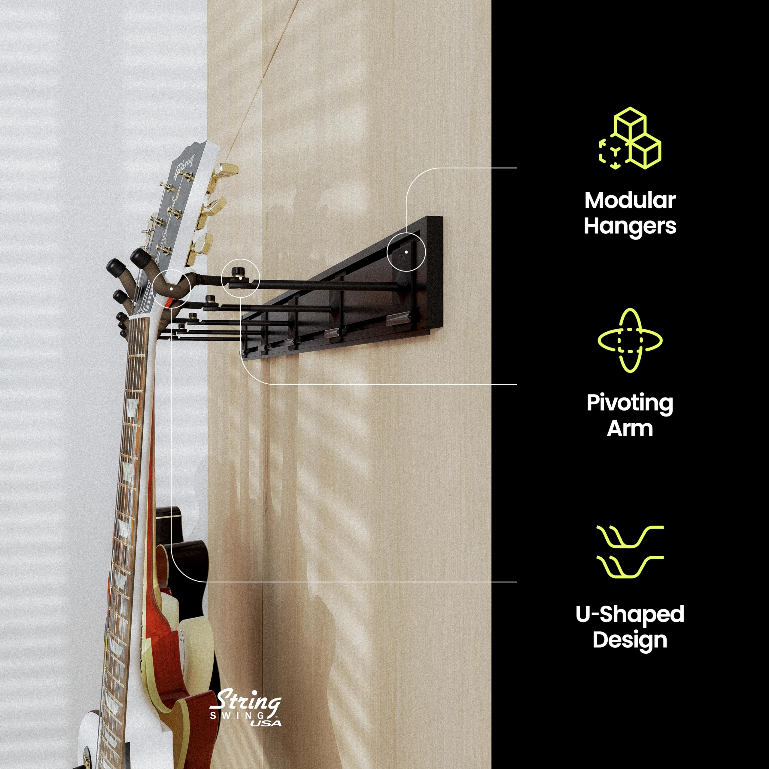 String Swing Guitar Wall Rack, Multiple Guitar Wall Mount, Guitar Organizer for Acoustic & Electric Guitars, 5 Padded Arm Hangers & Black Slatwall Rail, Wall Mount Guitar Rack - Made in USA