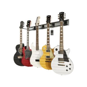 string swing guitar wall rack, multiple guitar wall mount, guitar organizer for acoustic & electric guitars, 5 padded arm hangers & silver slatwall rail, wall mount guitar rack - made in usa