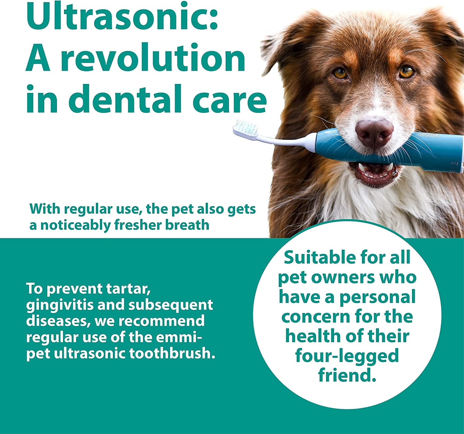 Emmi®-pet 2.0 electric toothbrush Oral & Skin Care Set for Pets. 100% Ultrasound cleans completely silently, no bristle movements and no vibration. for cleaner teeth, healthier gums, fresher breath.