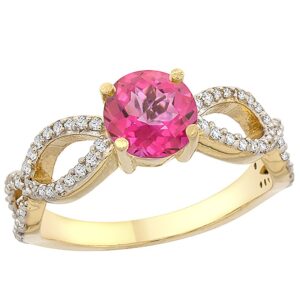 piera 10k yellow gold natural pink topaz ring round 6mm infinity diamond accents, size 6