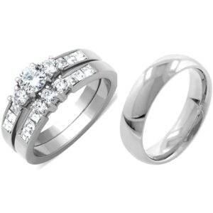 his hers couple rings set womens stainless steel small round cz engagement ring set mens wedding band - size w7m11