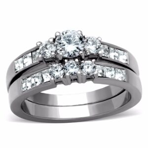 His Hers Couple Rings Set Womens Stainless Steel Small Round CZ Engagement Ring set Mens Wedding Band - Size W7M11