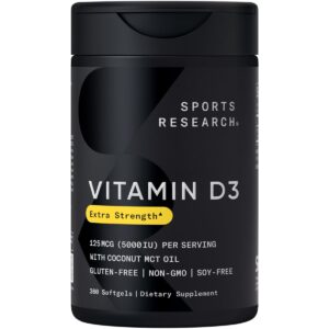 sports research vitamin d3 5000 iu with coconut mct oil - high potency vitamin d supplement for immune & bone support - non-gmo verified, gluten & soy free – 125mcg, 360 liquid softgels