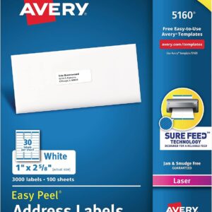 Avery Easy Peel Laser Labels, 1" X 2-5/8", White, 3000 Labels/Box (5160)