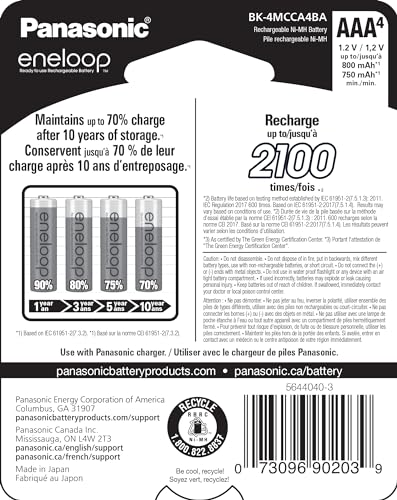 Eneloop Panasonic BK-4MCCA4BA AAA 2100 Cycle Ni-MH Pre-Charged Rechargeable Batteries, 4-Battery Pack