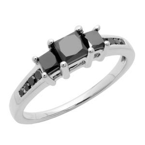 dazzlingrock collection 1.25 carat (cttw) sterling silver princess & round black diamond wedding 3 stone ring 1 1/4 ct, size 7