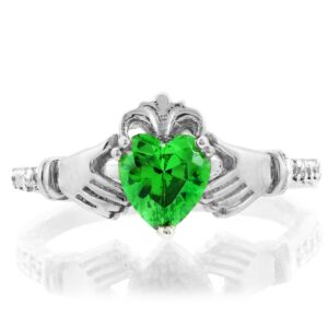 14k white gold emerald green heart cz may birthstone claddagh ring with natural diamonds (size 6)