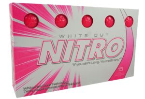 nitro long distance peak performance golf balls (15pk) all levels white out 70 compression high velocity white hot core long distance golf balls usga approved-total of 15-hot pink