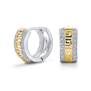 two tone greek key cutout huggie hoop earrings for women for men cubic zirconia cz 14k gold plated .925 sterling silver