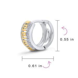 Two Tone Greek Key Cutout Huggie Hoop Earrings For Women For Men Cubic Zirconia CZ 14K Gold Plated .925 Sterling Silver