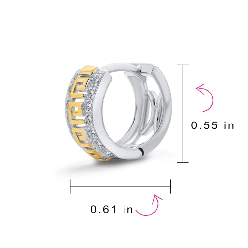 Two Tone Greek Key Cutout Huggie Hoop Earrings For Women For Men Cubic Zirconia CZ 14K Gold Plated .925 Sterling Silver