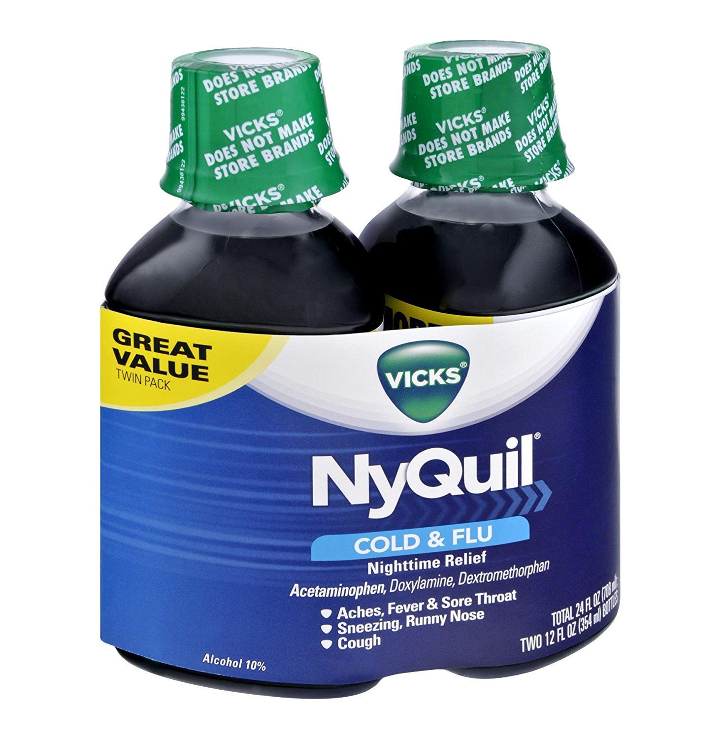 Vicks NyQuil Cold & Flu Nighttime Relief Liquid, Twin Pack, Original Flavor 12 oz, 2 ea (Pack of 3)