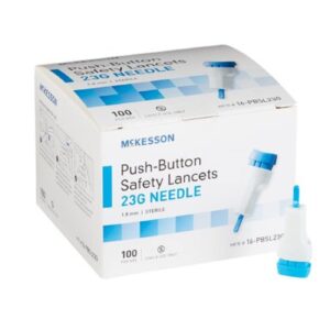 mck16232400 - lancet mckesson push-button safety needle 1.8 mm depth 23 gauge spring-loaded push button